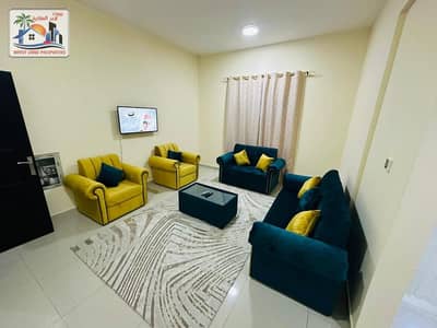 a fully furnished one-bedroom apartment with a living room, featuring ...